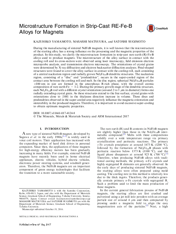 Pdf Microstructure Formation In Strip Cast Re Fe B Alloys For Magnets