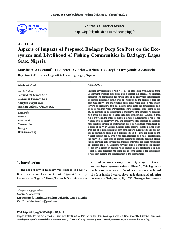 (PDF) Aspects of Impacts of Proposed Badagry Deep Sea Port on the ...