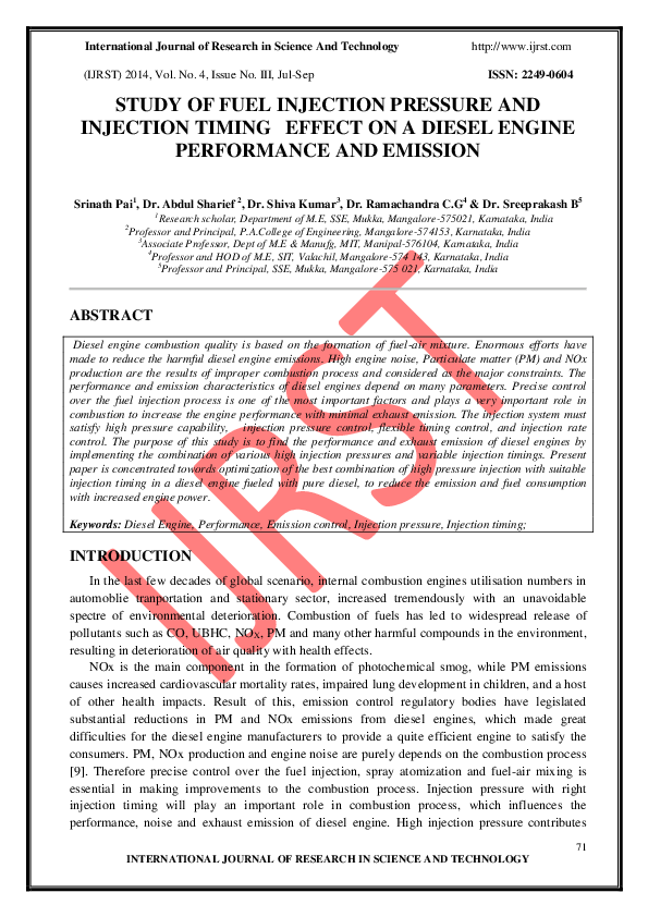 (PDF) Study of Fuel Injection Pressure and Injection Timing Effect on a Diesel Engine ...