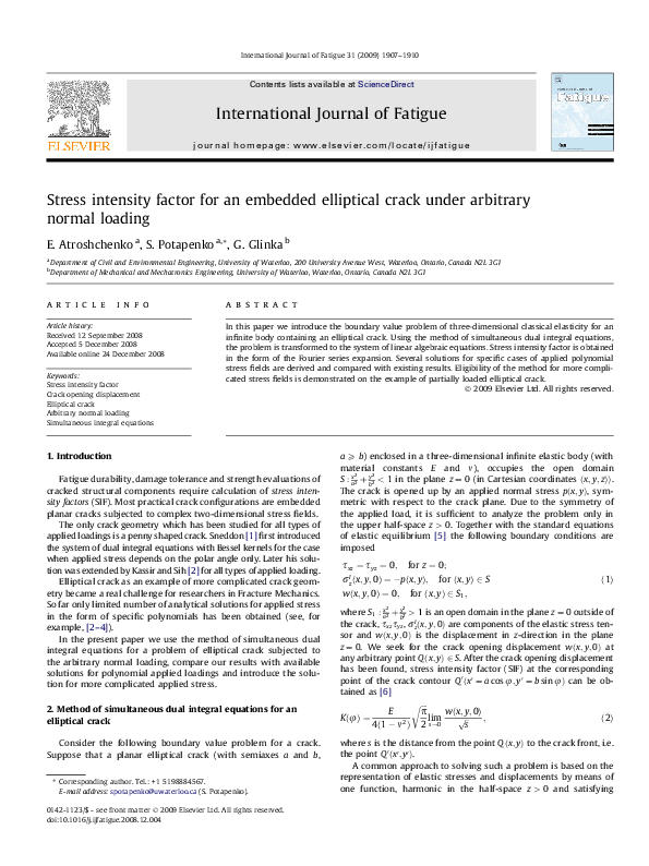 (PDF) Stress intensity factor for an embedded elliptical crack under arbitrary normal loading