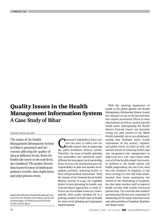 (PDF) Quality Issues in the Health Management Information System A Case Study of Bihar