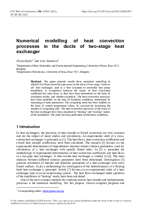 (PDF) Numerical modelling of heat convection processes in the ducts of two-stage heat exchanger