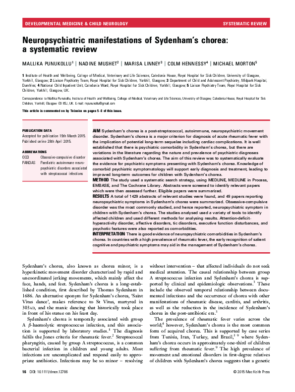 (PDF) Neuropsychiatric manifestations of Sydenham's chorea: a ...