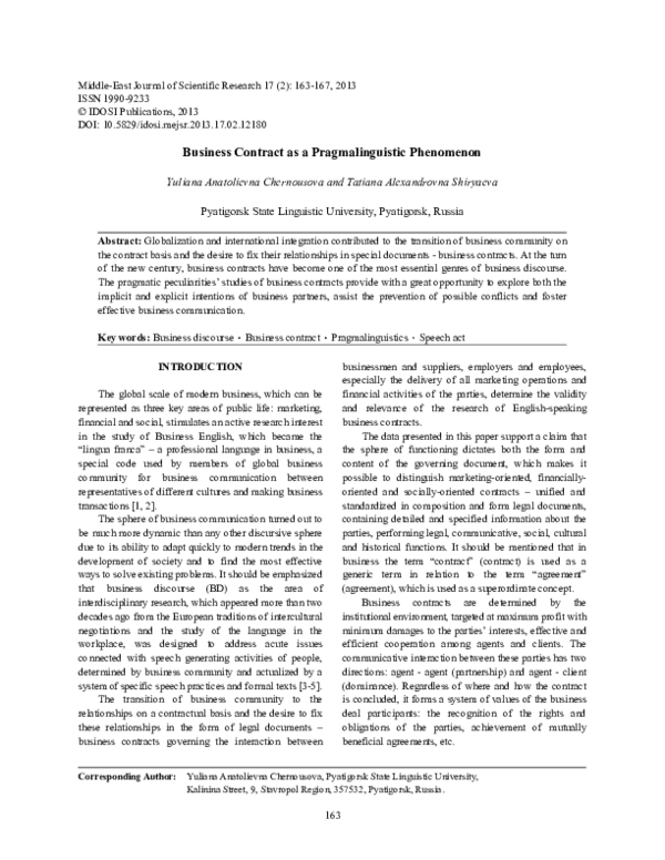 (PDF) Business Contract as a Pragmalinguistic Phenomenon