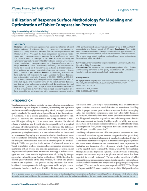 (PDF) Utilization of Response Surface Methodology for Modeling and Optimization of Tablet ...