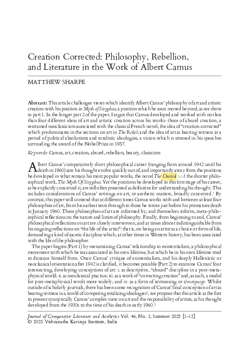 (PDF) Creation Corrected: Philosophy, Rebellion, and Literature in the ...