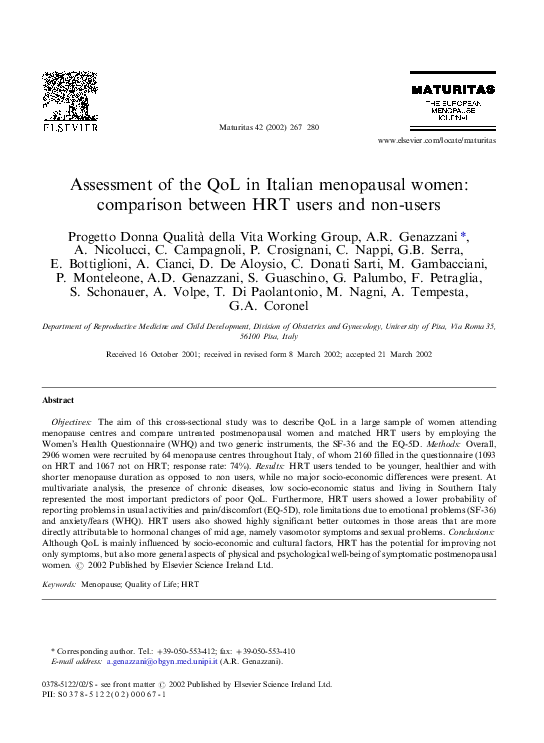 (PDF) Assessment of the QoL in Italian menopausal women: comparison ...