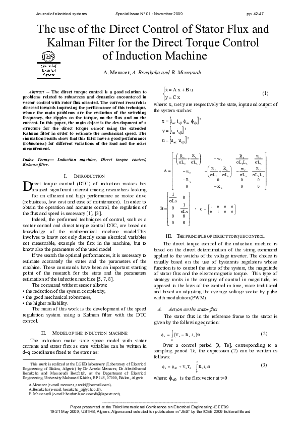 Pdf The Use Of The Direct Control Of Stator Flux And Kalman Filter