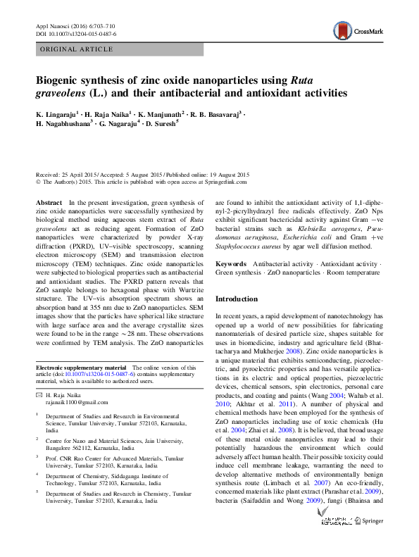(PDF) Biogenic synthesis of zinc oxide nanoparticles using Ruta graveolens (L.) and their ...