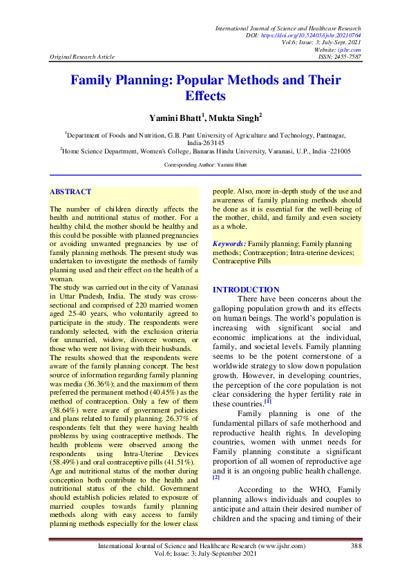(PDF) Family Planning: Popular Methods and Their Effects