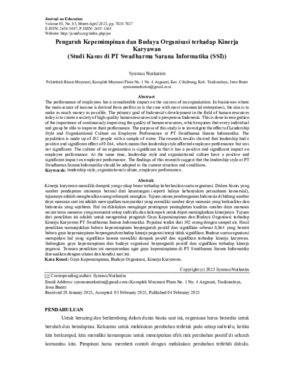 (PDF) Pengaruh Kepemimpinan dan Budaya Organisasi terhadap Kinerja Karyawan (Studi Kasus di PT ...