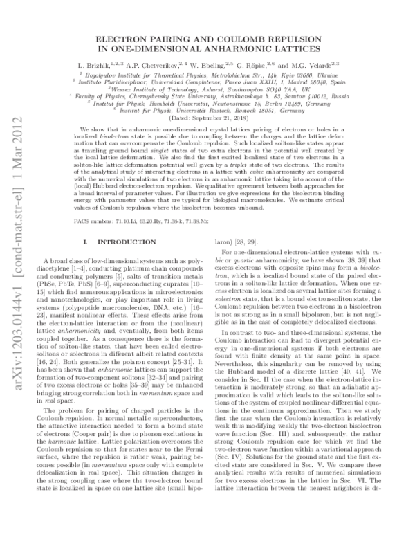 (PDF) Electron pairing and Coulomb repulsion in one-dimensional anharmonic lattices