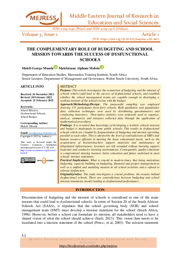(PDF) The Complementary Role of Budgeting and School Mission towards ...