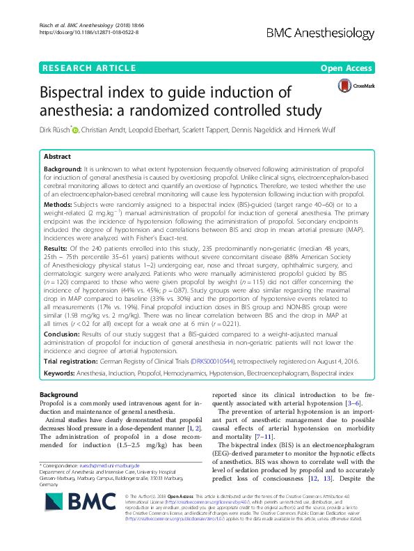 (PDF) Bispectral index to guide induction of anesthesia: a randomized ...