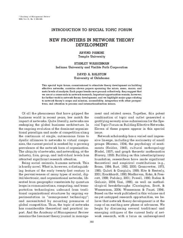 (PDF) Introduction to Special Topic Forum: New Frontiers in Network ...