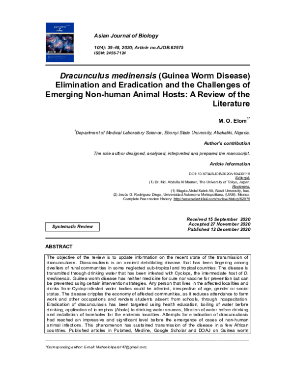 (PDF) Dracunculus medinensis (Guinea Worm Disease) Elimination and ...