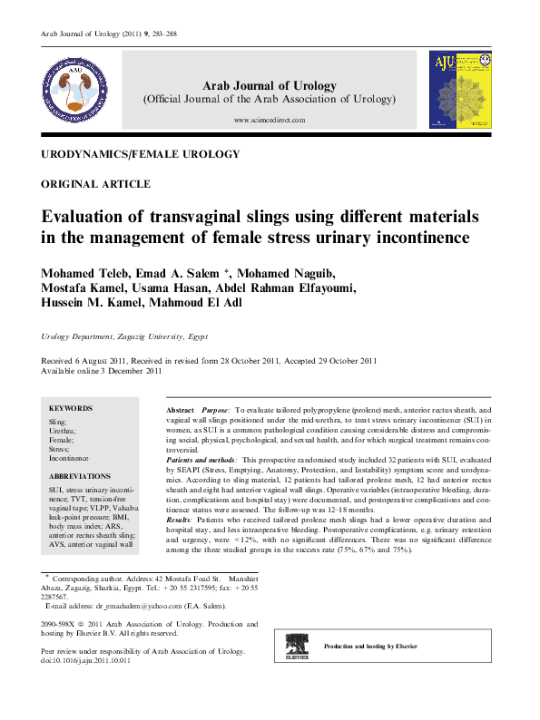 Pdf Evaluation Of Transvaginal Slings Using Different Materials In