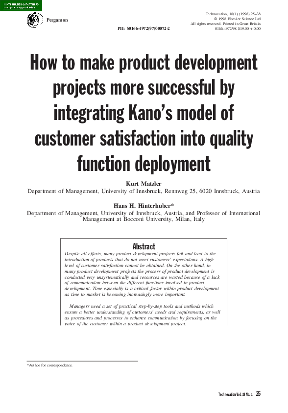 (PDF) How to make product development projects more successful by integrating Kano's model of ...