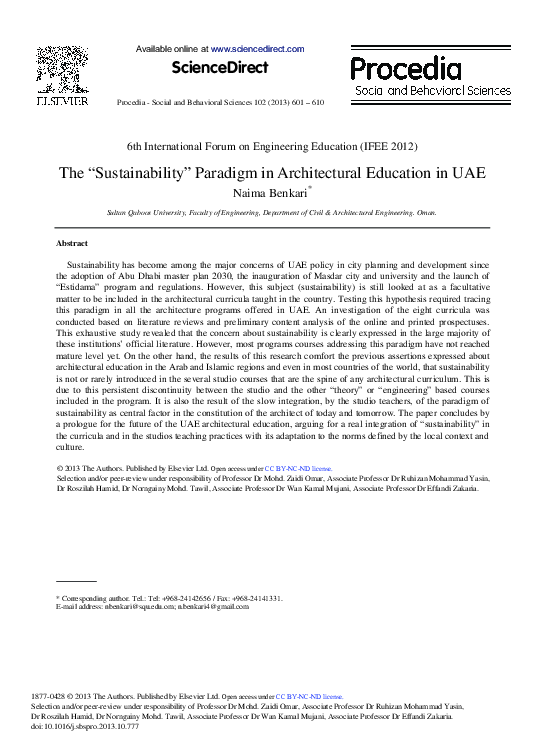 (PDF) The “Sustainability” Paradigm in Architectural Education in UAE
