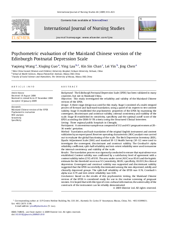 (PDF) Psychometric evaluation of the Mainland Chinese version of the ...