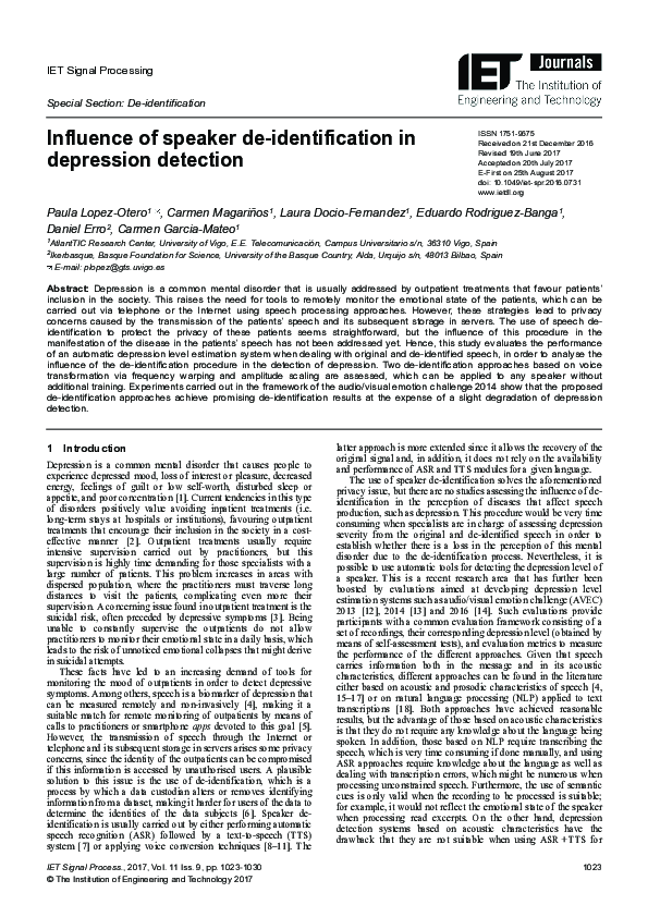 Pdf Influence Of Speaker De‐identification In Depression Detection