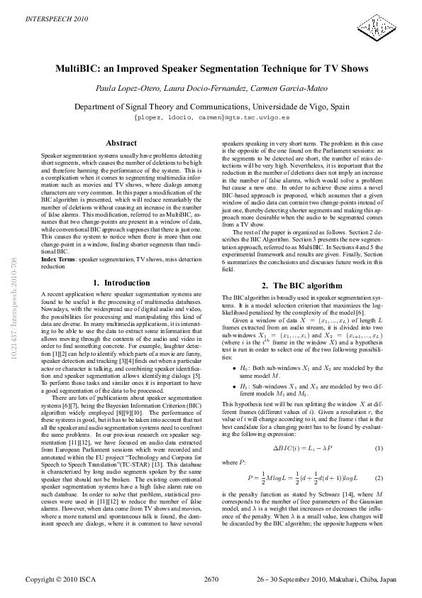 (PDF) MultiBIC: an improved speaker segmentation technique for TV shows