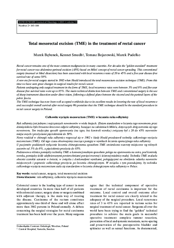 (PDF) Total mesorectal excision (TME) in the treatment of rectal cancer