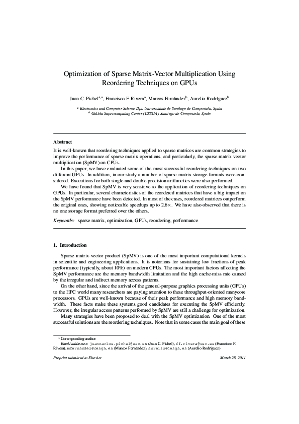 (PDF) Optimization of sparse matrix–vector multiplication using reordering techniques on GPUs ...