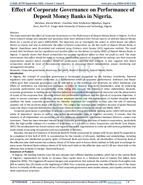 (PDF) Effect of Corporate Governance on Performance of Deposit Money Banks in Nigeria