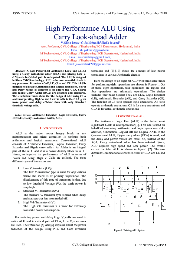 Pdf High Performance Alu Using Carry Look Ahead Adder