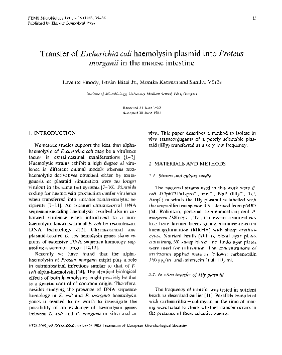 (PDF) Transfer of Escherichia coli haemolysin plasmid into Proteus ...