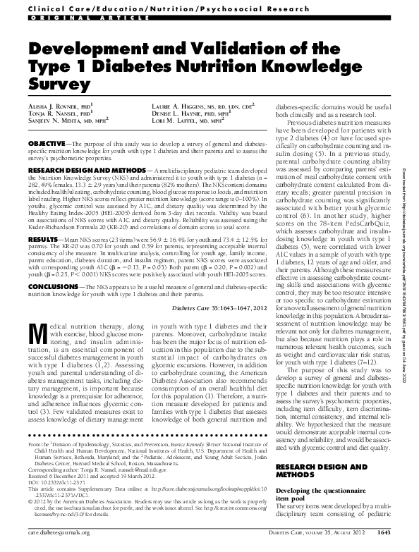 (PDF) Development and Validation of the Type 1 Diabetes Nutrition ...