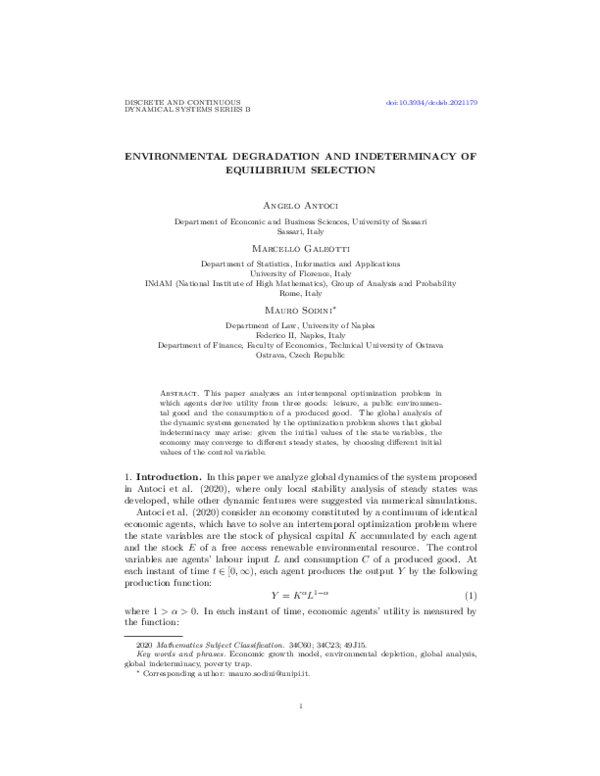 (PDF) Environmental degradation and indeterminacy of equilibrium selection