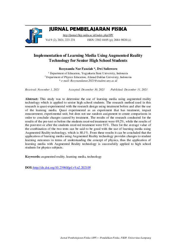 (PDF) Implementation of Learning Media Using Augmented Reality Technology for Senior High School ...
