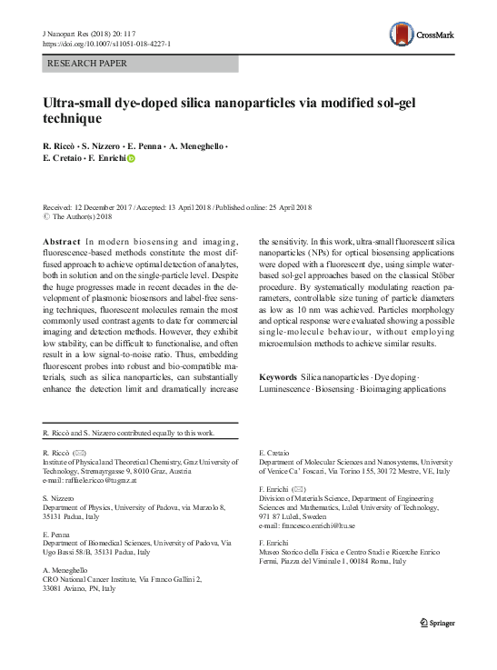 (PDF) Ultra-small dye-doped silica nanoparticles via modified sol-gel technique