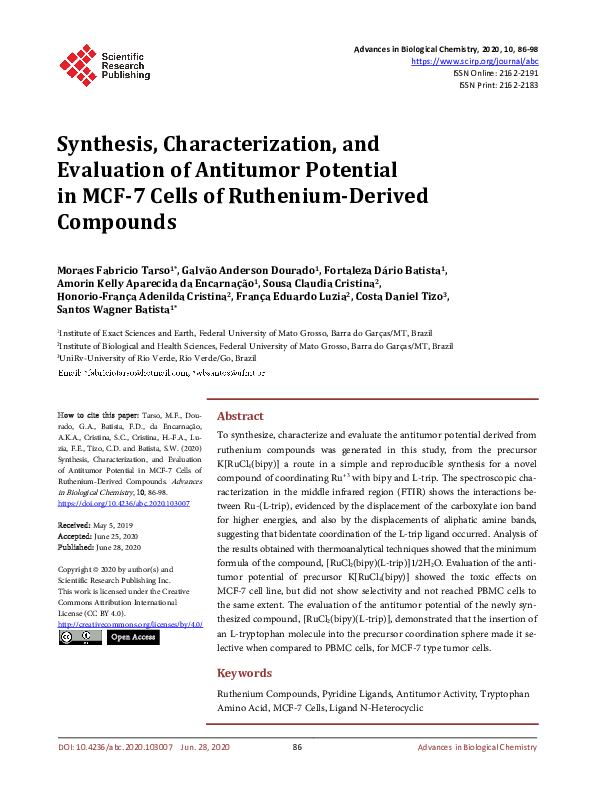 (PDF) Synthesis, Characterization, and Evaluation of Antitumor Potential in MCF-7 Cells of ...