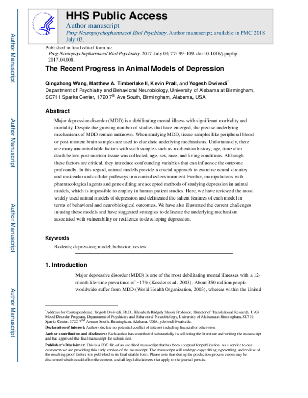 (PDF) The recent progress in animal models of depression