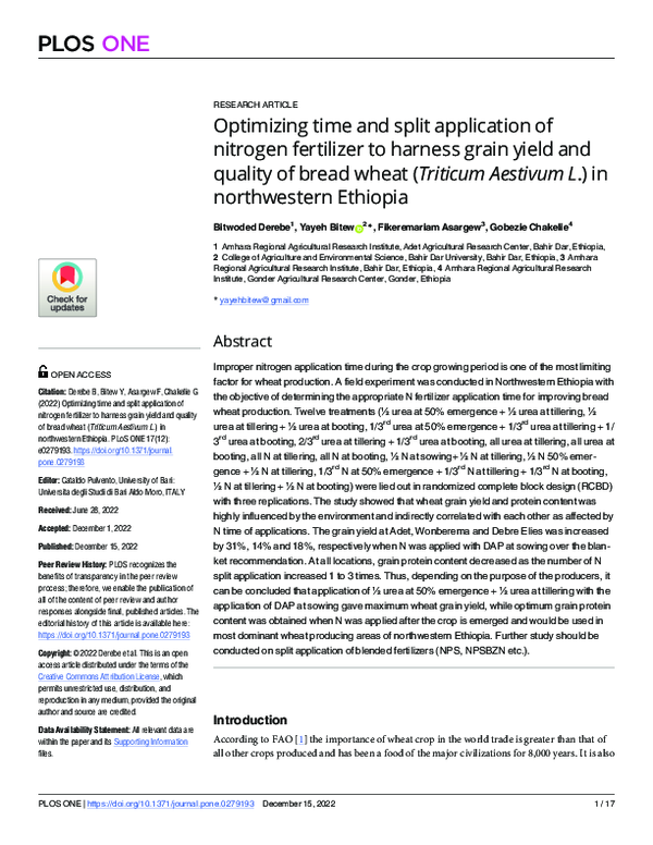 Pdf Optimizing Time And Split Application Of Nitrogen Fertilizer To Harness Grain Yield And