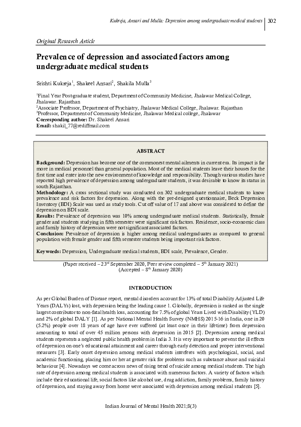 (PDF) Original Research Article_Prevalence of depression and associated ...