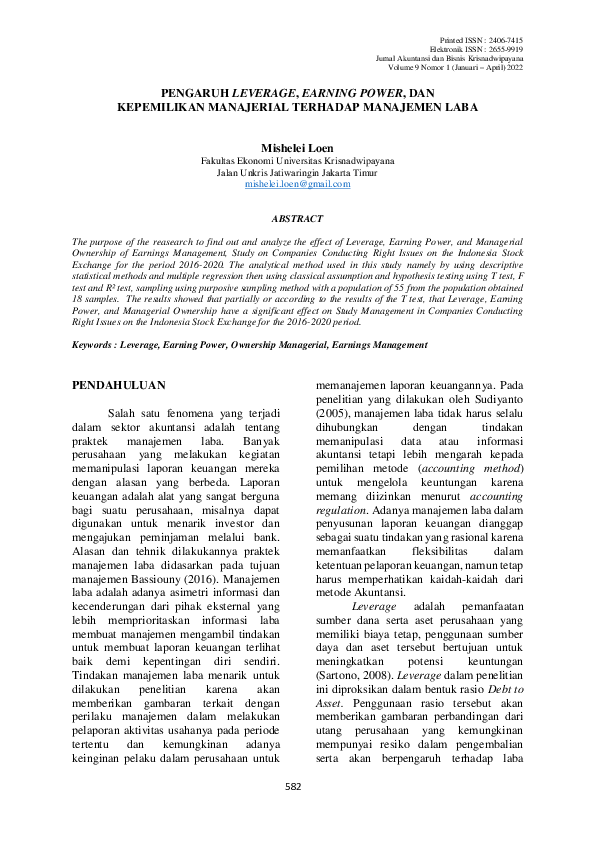 (PDF) Pengaruh Leverage, Earning Power, Dan Kepemilikan Manajerial Terhadap Manajemen Laba