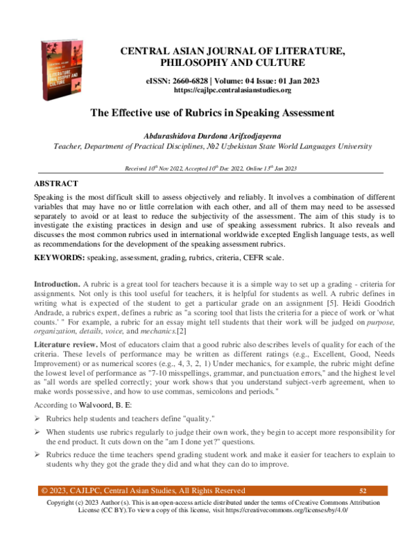 (PDF) The Effective use of Rubrics in Speaking Assessment