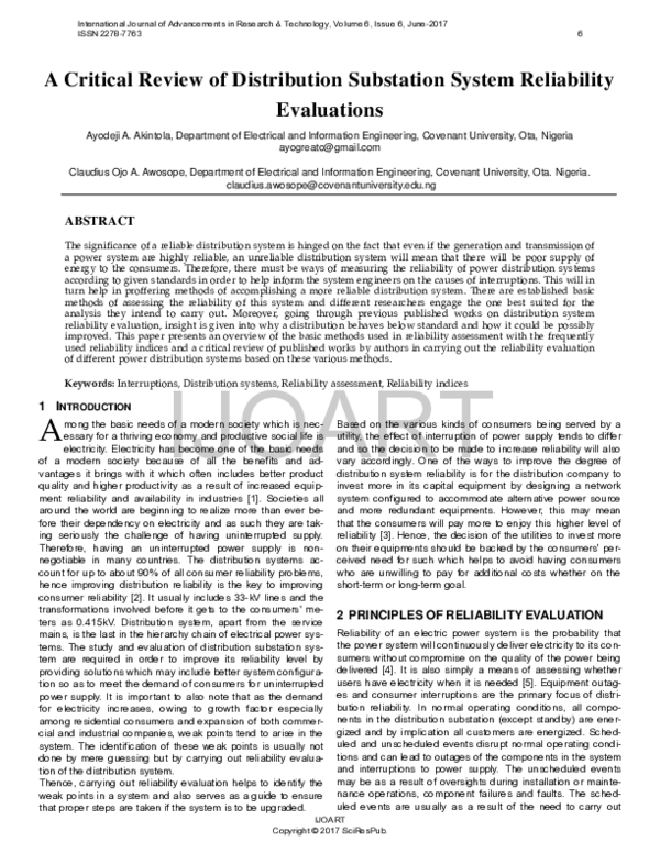 (PDF) A Critical Review of Distribution Substation System Reliability Evaluations