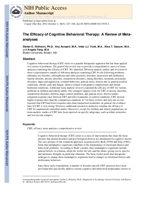 (PDF) The Efficacy of Cognitive Behavioral Therapy: A Review of Meta-analyses