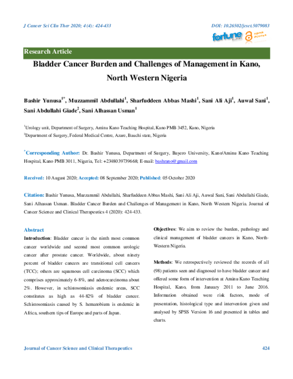 (PDF) Bladder Cancer Burden and Challenges of Management in Kano, North ...