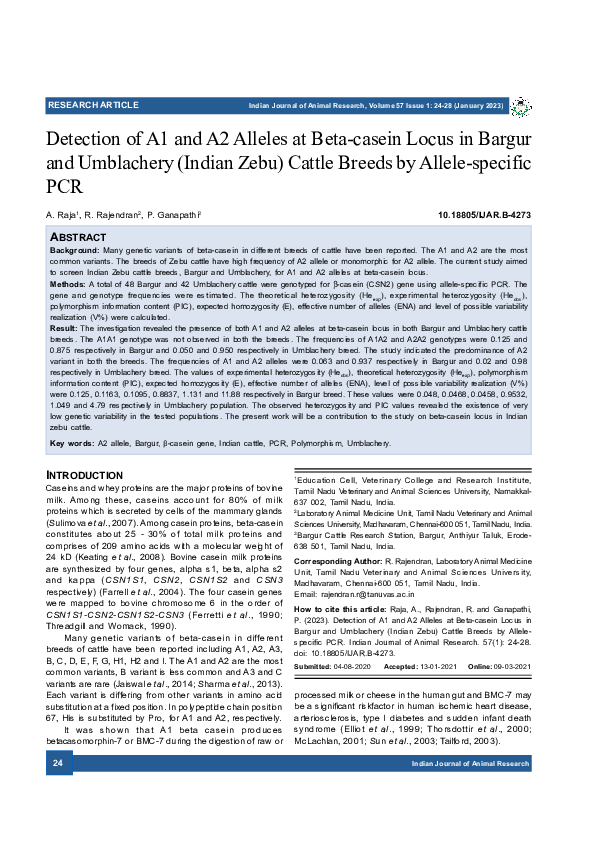 (PDF) Detection of A1 and A2 Alleles at Beta-casein Locus in Bargur and ...
