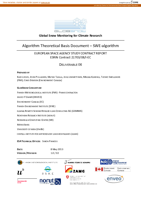Pdf Esa Globsnow Algorithm Theoretical Basis Document Swe Algorithm