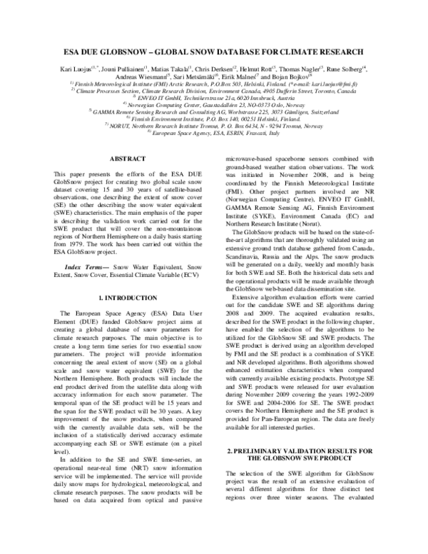 (PDF) ESA DUE Globsnow- Global Snow Database for Climate Research