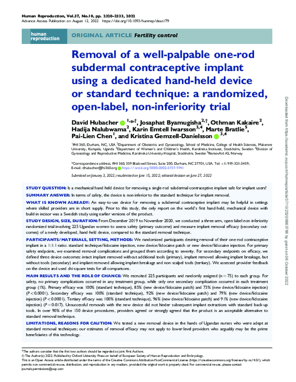 Removal of a well-palpable one-rod subdermal contraceptive implant ...
