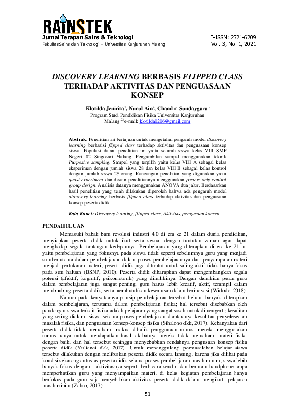 (PDF) Discovery Learning Berbasis Flipped Class Terhadap Aktivitas Dan Penguasaan Konsep | Nurul ...