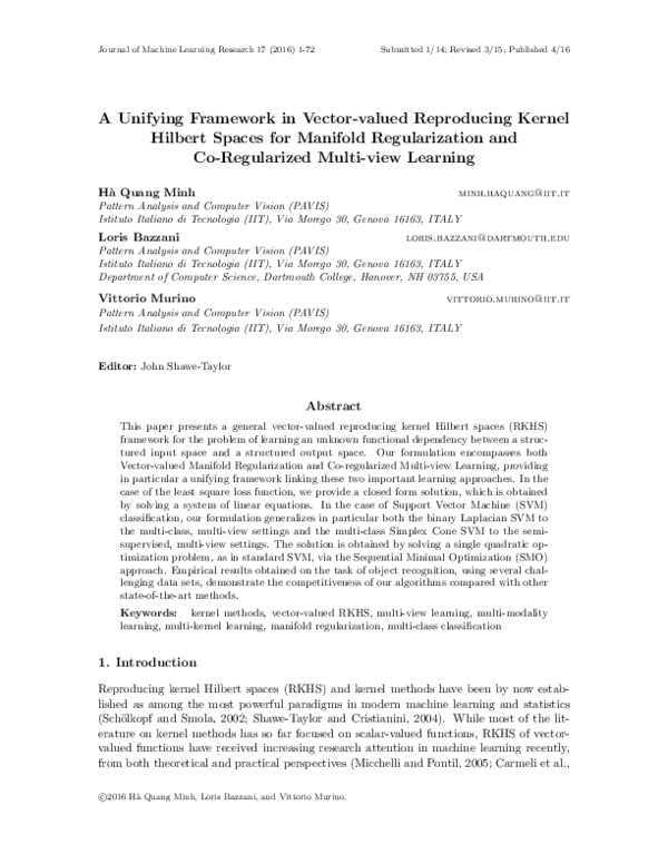 Pdf A Unifying Framework In Vector Valued Reproducing Kernel Hilbert